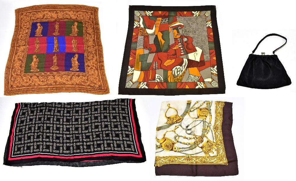 HOBBS; a black, red, white and beige 100% wool logoed scarf, 42 x 42 ...