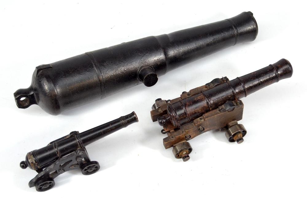 Three model signal cannons, one large and heavy iron example, length ...