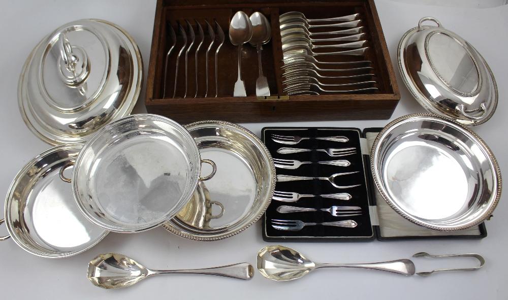 A small group of plated chafing dishes to include two circular examples ...