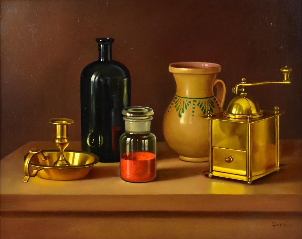 ANDRAS GOMBAR (Hungarian, born 1946); oil on board, still life of ...