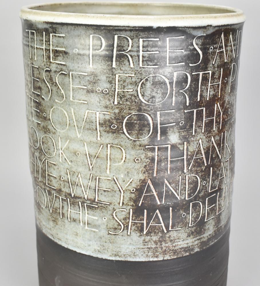 PETER WRIGHT (1919-2003); a large cylindrical calligraphic tin glazed ...