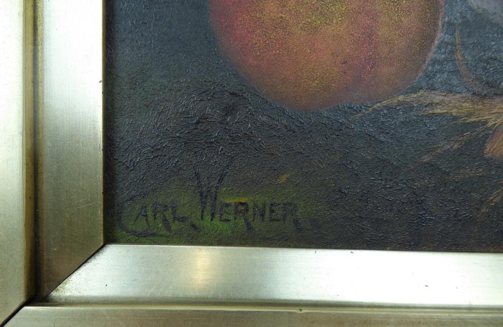 CARL WERNER (1808-1894); two oils on board, still lives of fallen fruit ...