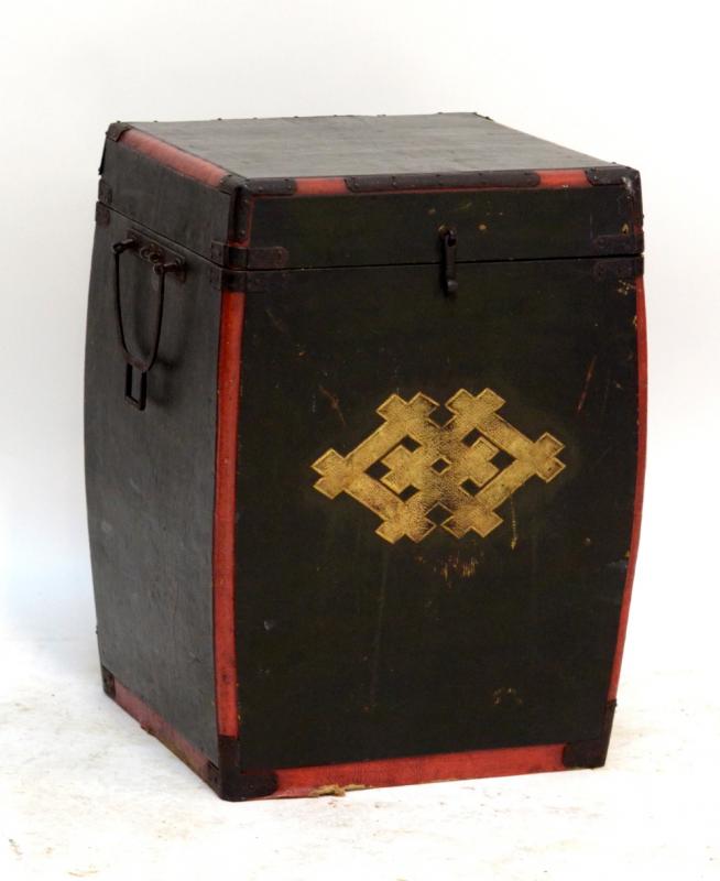 An Oriental twin handled leather bound box or case with gilt detail to ...