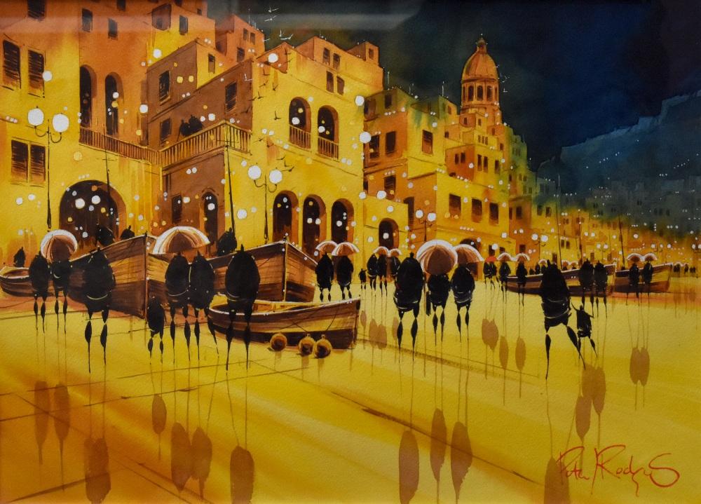 PETER J RODGERS; watercolour on paper, 'Harbour Promenade', signed ...