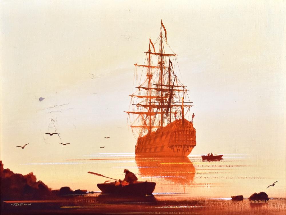 JASON; oil on canvas, shipping scene featuring rowing boats and galleon ...