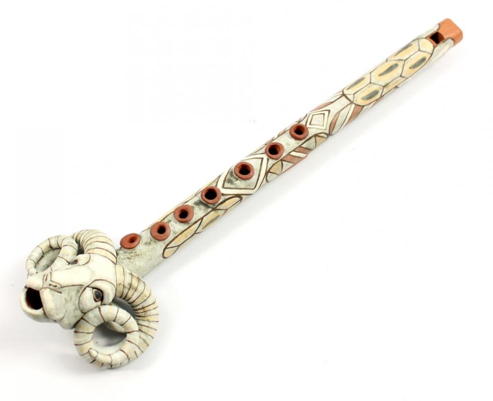 NEIL IONS (born 1949); an earthenware flute with ram's head, slip ...